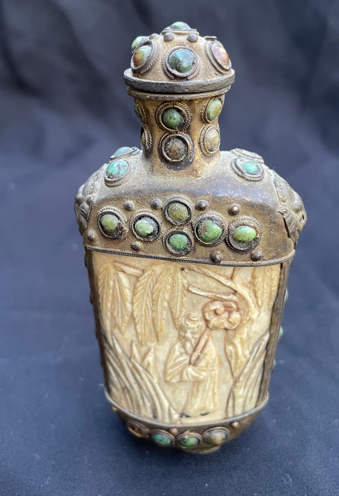 Vintage Chinese Metal Handwork Stones and Carved Decor Snuff Bottle - Etsy