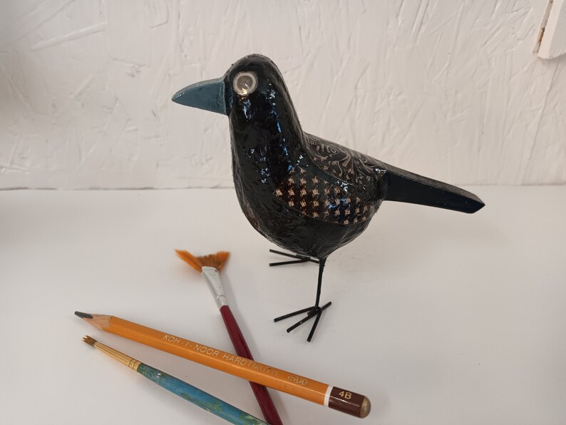 Crow Freestanding Mixed Media Paper Mache Bird Sculpture Decoration ...