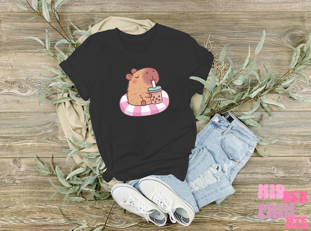 Cute Capybara on Pool Float Drinking Bubble Tea Shirt, Capybara Lovers ...