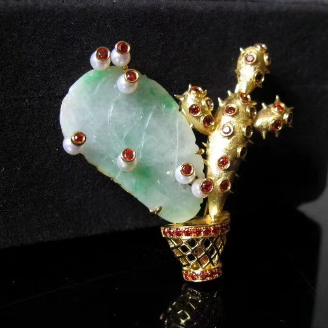 GJW Design Cactus Brooch Qing Dynasty Jade Tablet 925 Silver Plated 18K ...