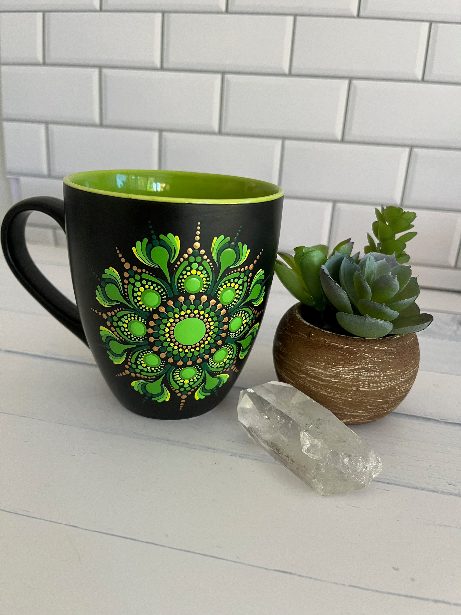 Mandala Mug, Hand Painted Dot Art, Dot Mandala, Green, Gold, Painted ...