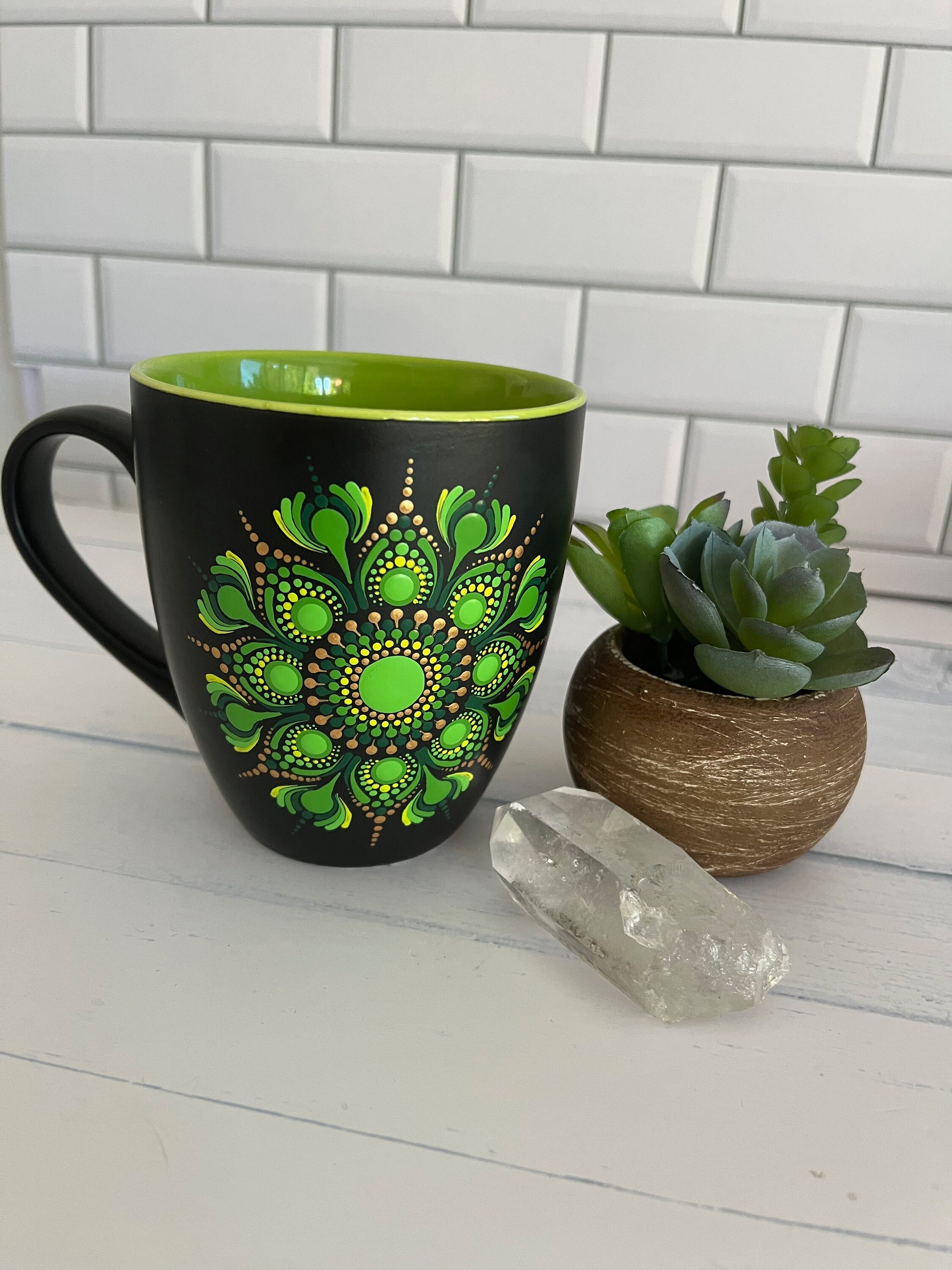 Mandala Mug, Hand Painted Dot Art, Dot Mandala, Green, Gold, Painted ...