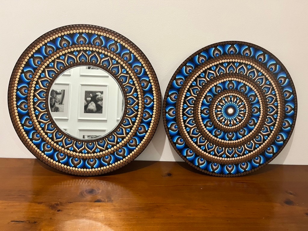 Mandala Art, 38cm Hand Painted Board, Dot Art, Dot Mandala, Blue, Brown ...