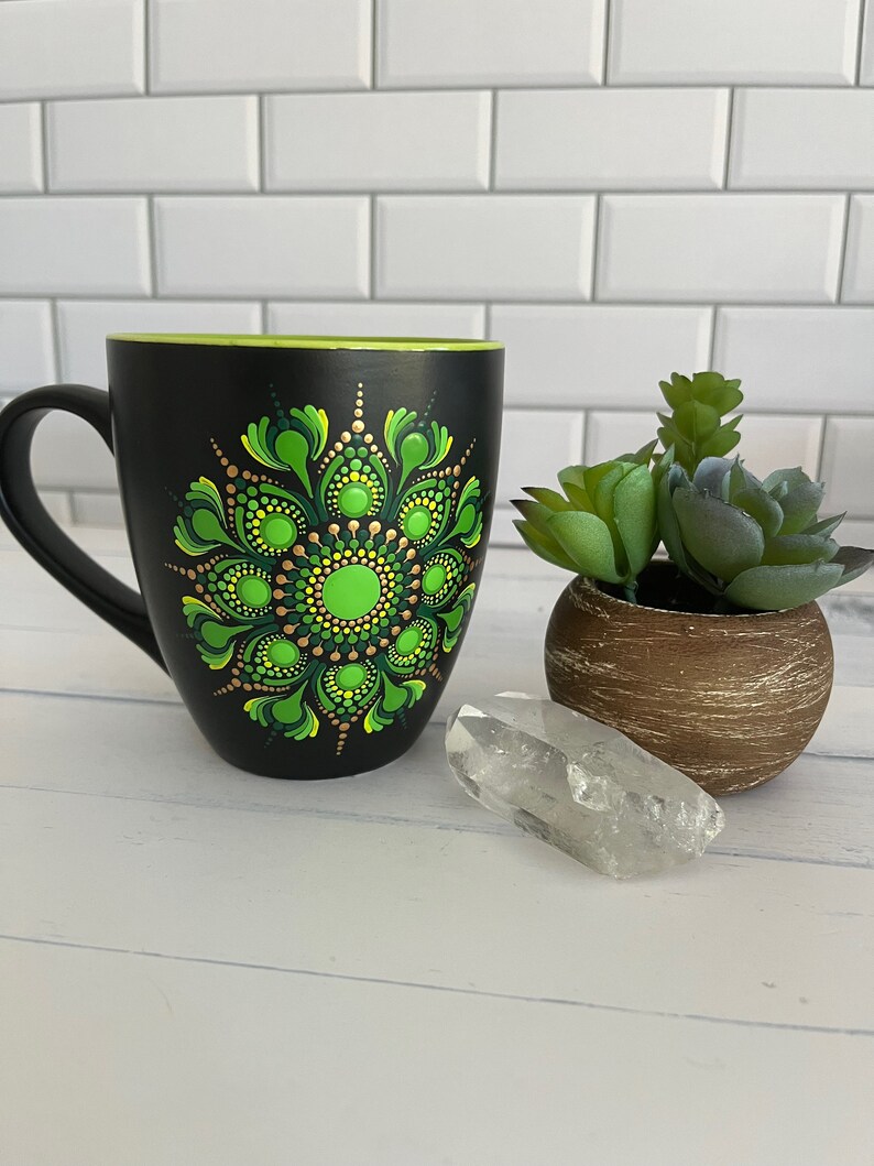 Mandala Mug, Hand Painted Dot Art, Dot Mandala, Green, Gold, Painted ...