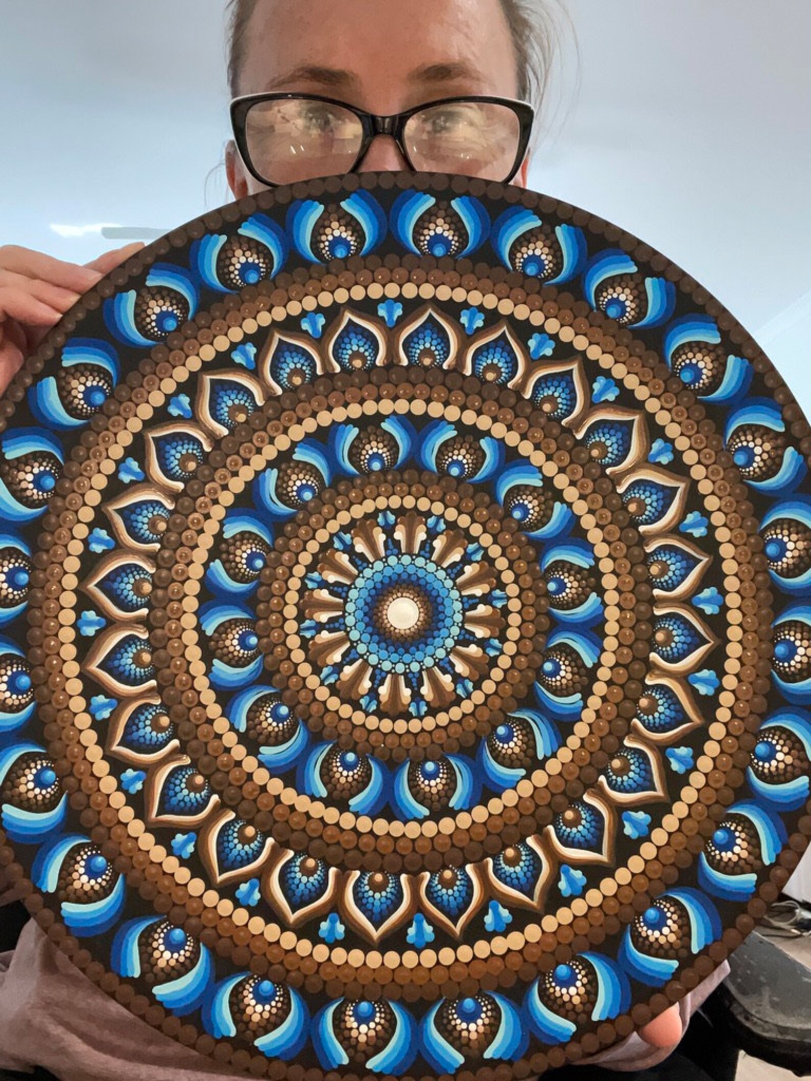 Mandala Art, 38cm Hand Painted Board, Dot Art, Dot Mandala, Blue, Brown ...