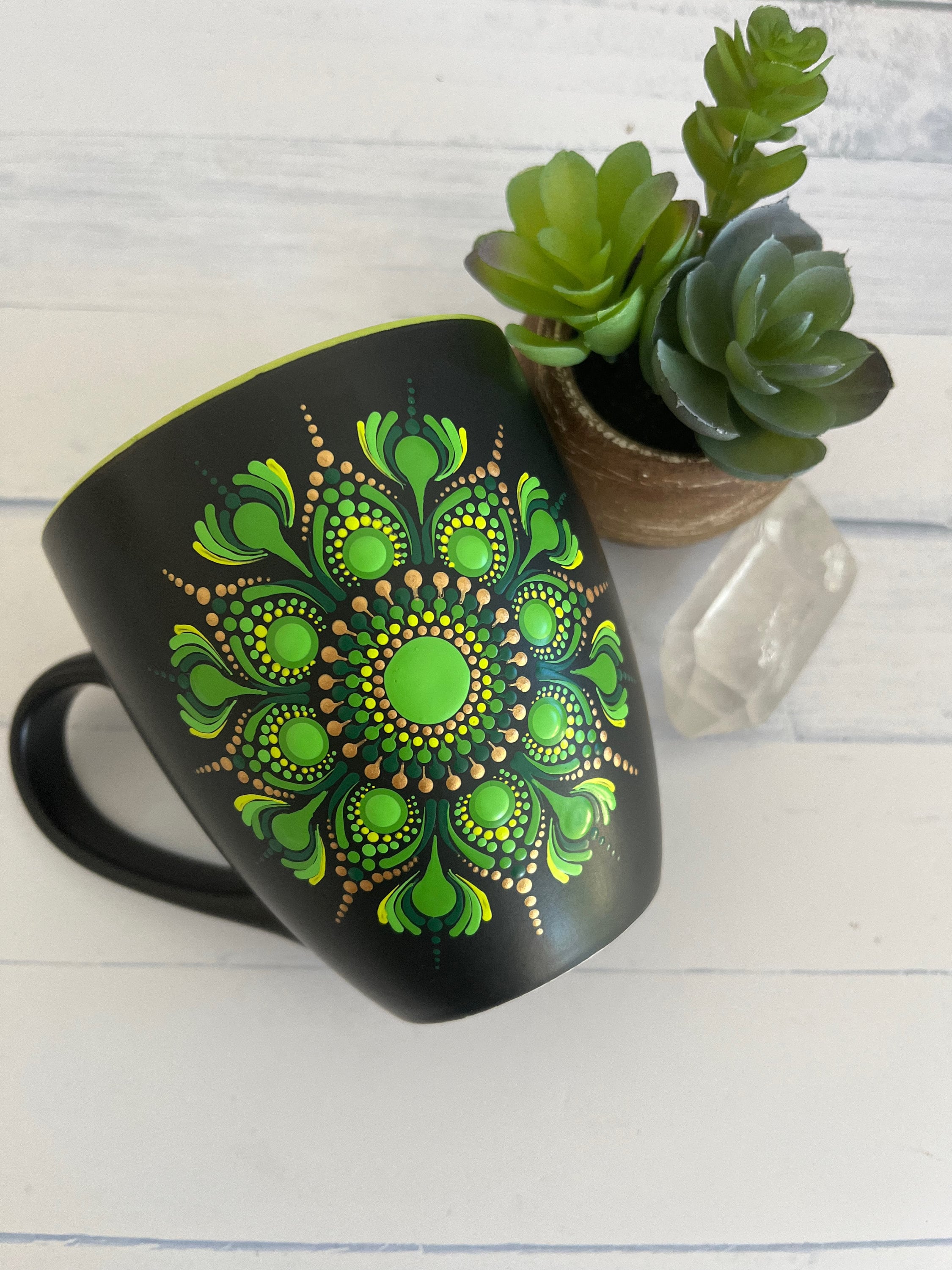 Mandala Mug, Hand Painted Dot Art, Dot Mandala, Green, Gold, Painted ...