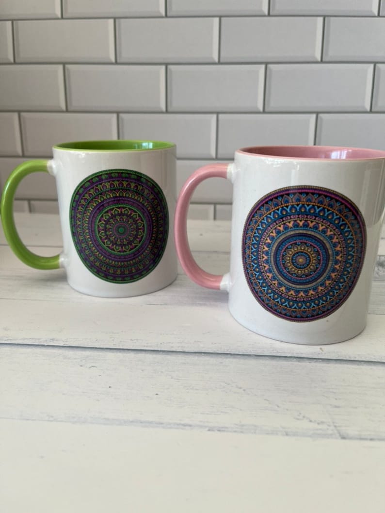 Mandala Mug, Hand Painted Manadala Printed Mug, Dot Mandala, Green ...