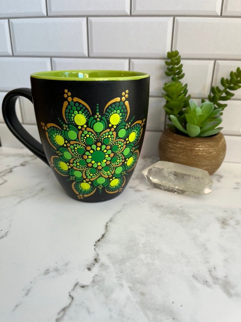 Mandala Mug, Hand Painted Dot Art, Dot Mandala, Green and Gold, Painted ...