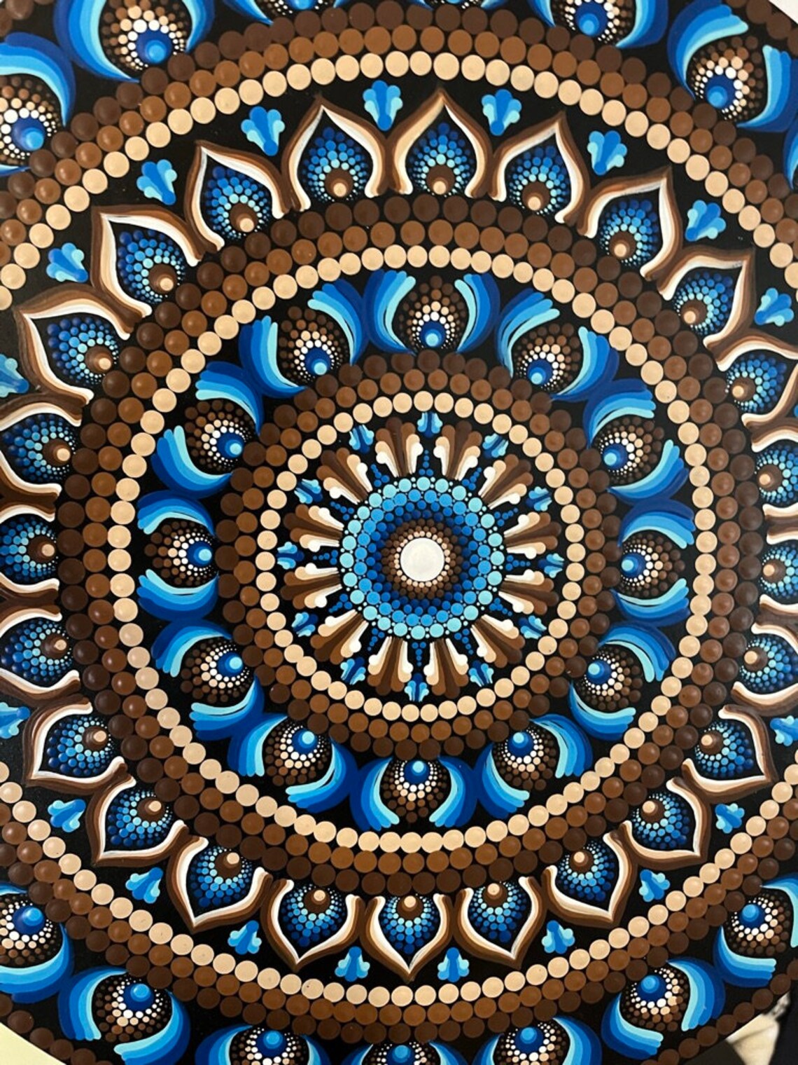 Mandala Art, 38cm Hand Painted Board, Dot Art, Dot Mandala, Blue, Brown ...