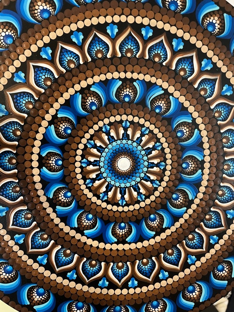 Mandala Art, 38cm Hand Painted Board, Dot Art, Dot Mandala, Blue, Brown ...