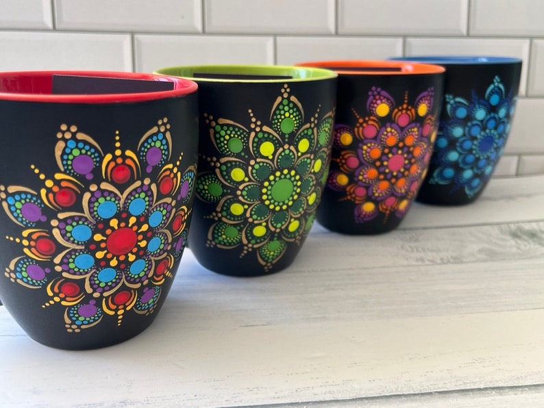 Mandala Mug Hand Painted Dot Art Dot Mandala Yellow and - Etsy