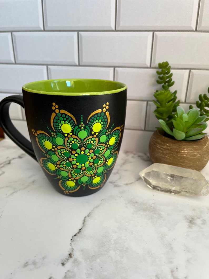 Mandala Mug, Hand Painted Dot Art, Dot Mandala, Green and Gold, Painted ...