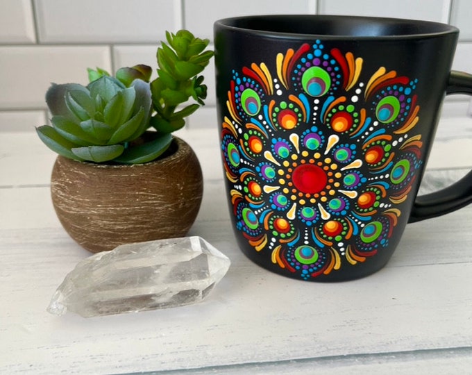 Mandala Mug, Hand Painted Dot Art, Dot Mandala, Yellow and Red, Rainbow ...
