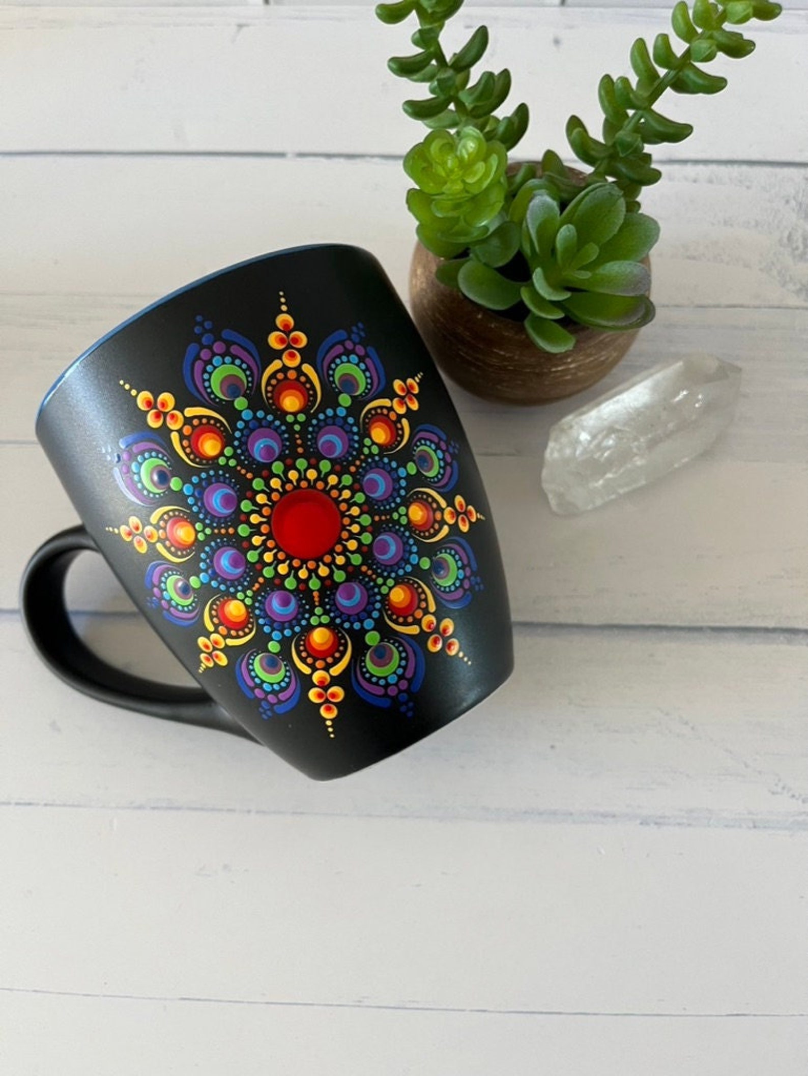 Mandala Mug, Hand Painted Dot Art, Dot Mandala, Rainbow, Red, Blue ...