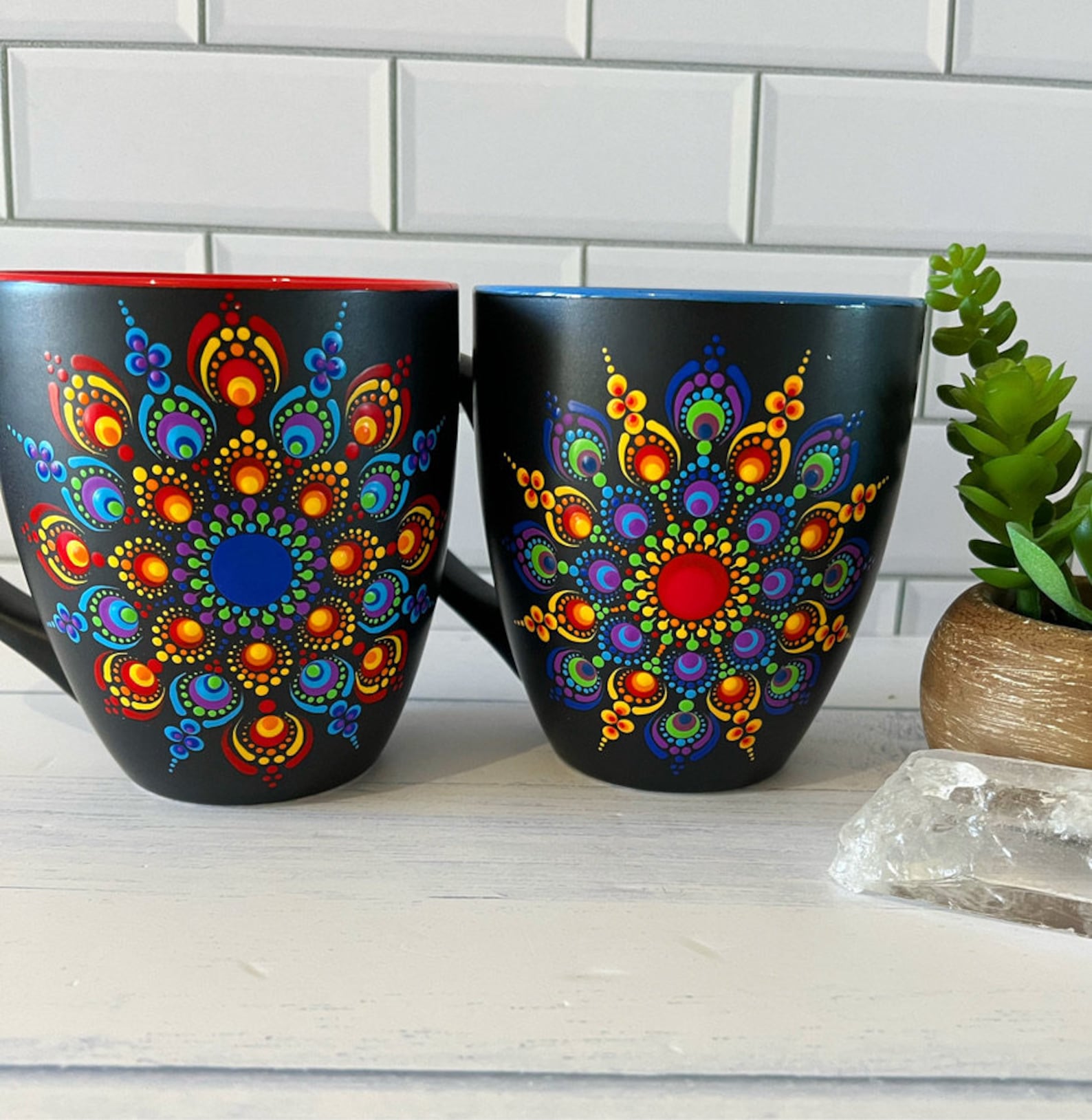 Mandala Mug, Hand Painted Dot Art, Dot Mandala, Rainbow, Red, Blue ...