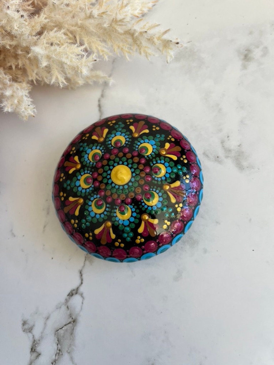 Mandala Stone, Hand Painted Dot Art, Dot Mandala, Green, Blue, Purple ...