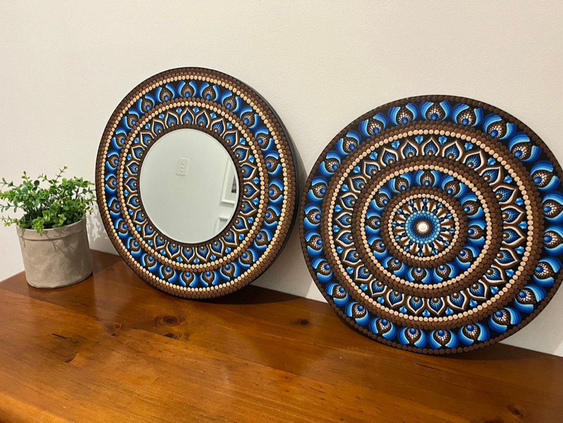 Mandala Art, 38cm Hand Painted Board, Dot Art, Dot Mandala, Blue, Brown ...