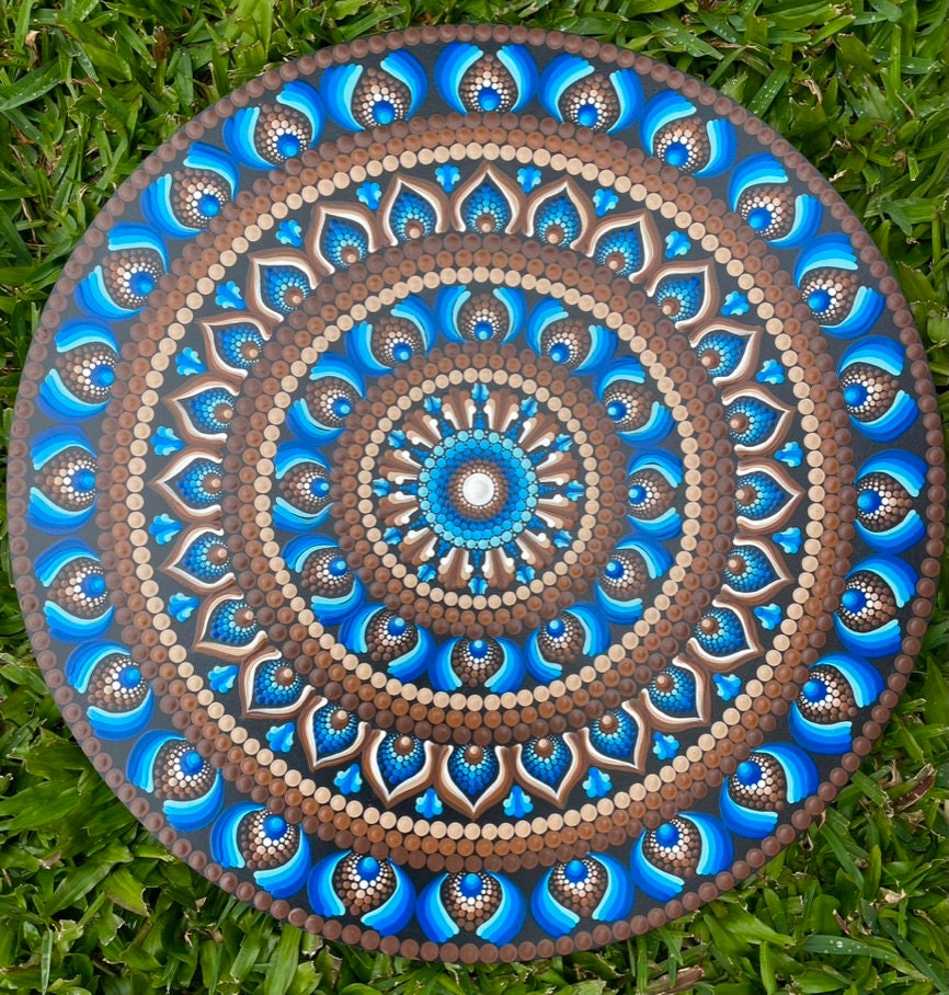 Mandala Art, 38cm Hand Painted Board, Dot Art, Dot Mandala, Blue, Brown ...