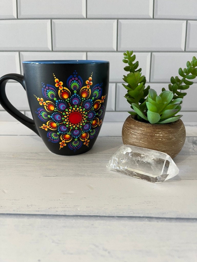 Mandala Mug, Hand Painted Dot Art, Dot Mandala, Rainbow, Red, Blue ...