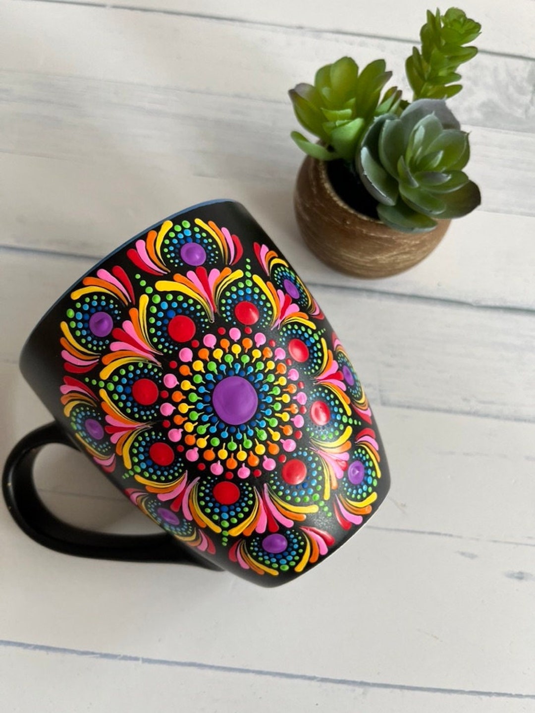 Mandala Mug, Hand Painted Dot Art, Dot Mandala, Yellow and Red, Rainbow ...