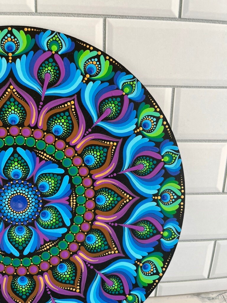 Mandala Painting, 25cm Original Hand Painted Board, Peacock, Dot ...