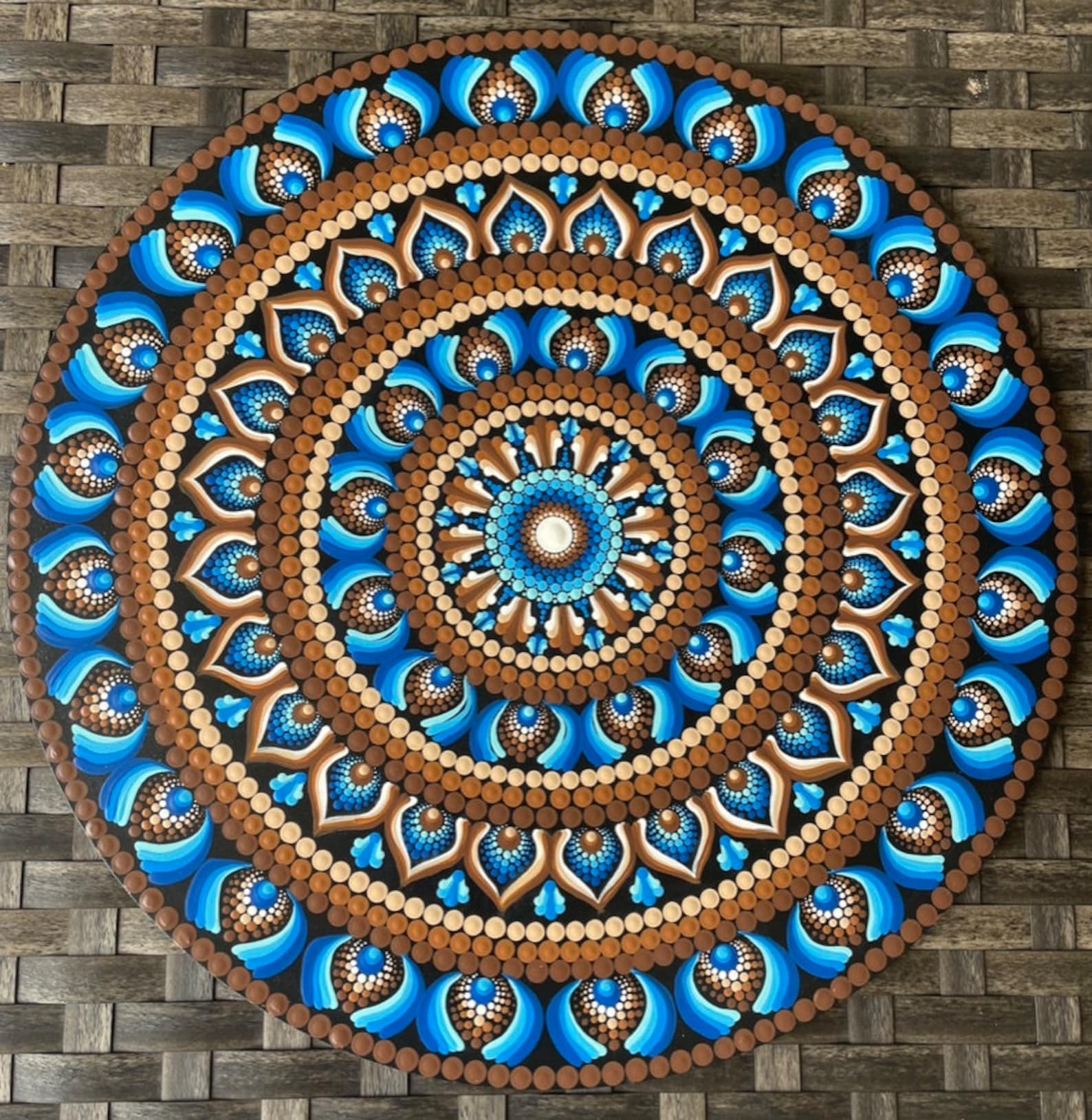 Mandala Art, 38cm Hand Painted Board, Dot Art, Dot Mandala, Blue, Brown ...