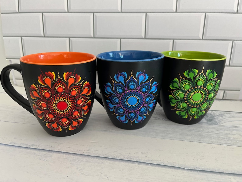Mandala Mug, Hand Painted Dot Art, Dot Mandala, Green, Gold, Painted ...