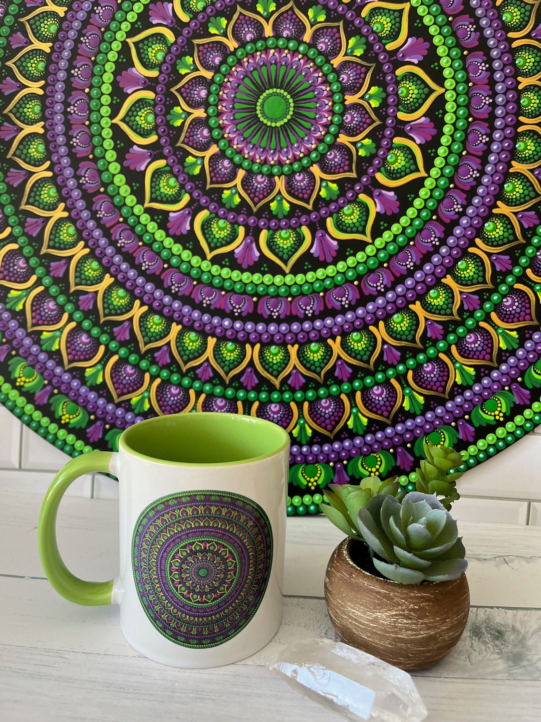 Mandala Mug, Hand Painted Manadala Printed Mug, Dot Mandala, Green ...