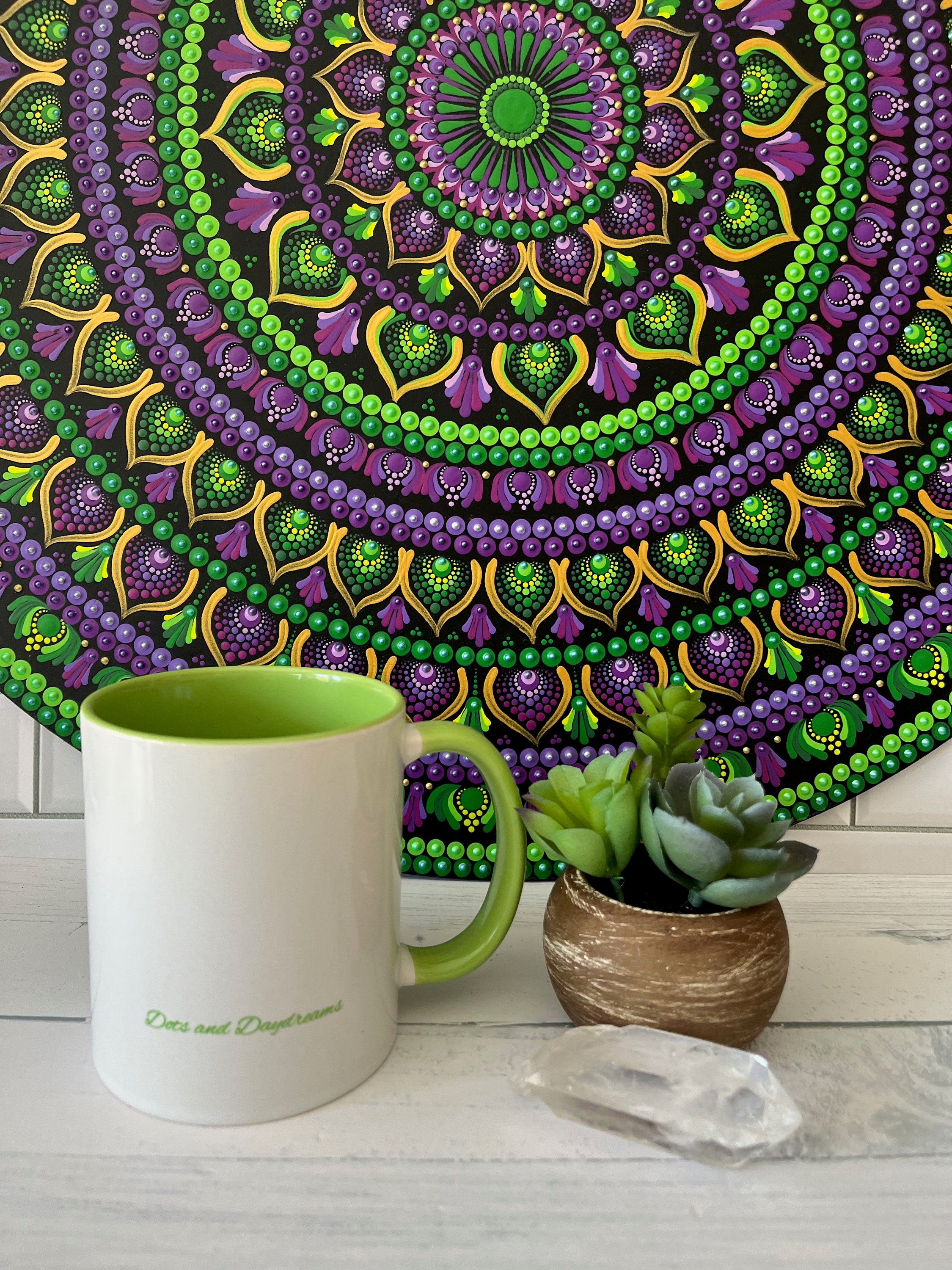 Mandala Mug, Hand Painted Manadala Printed Mug, Dot Mandala, Green ...