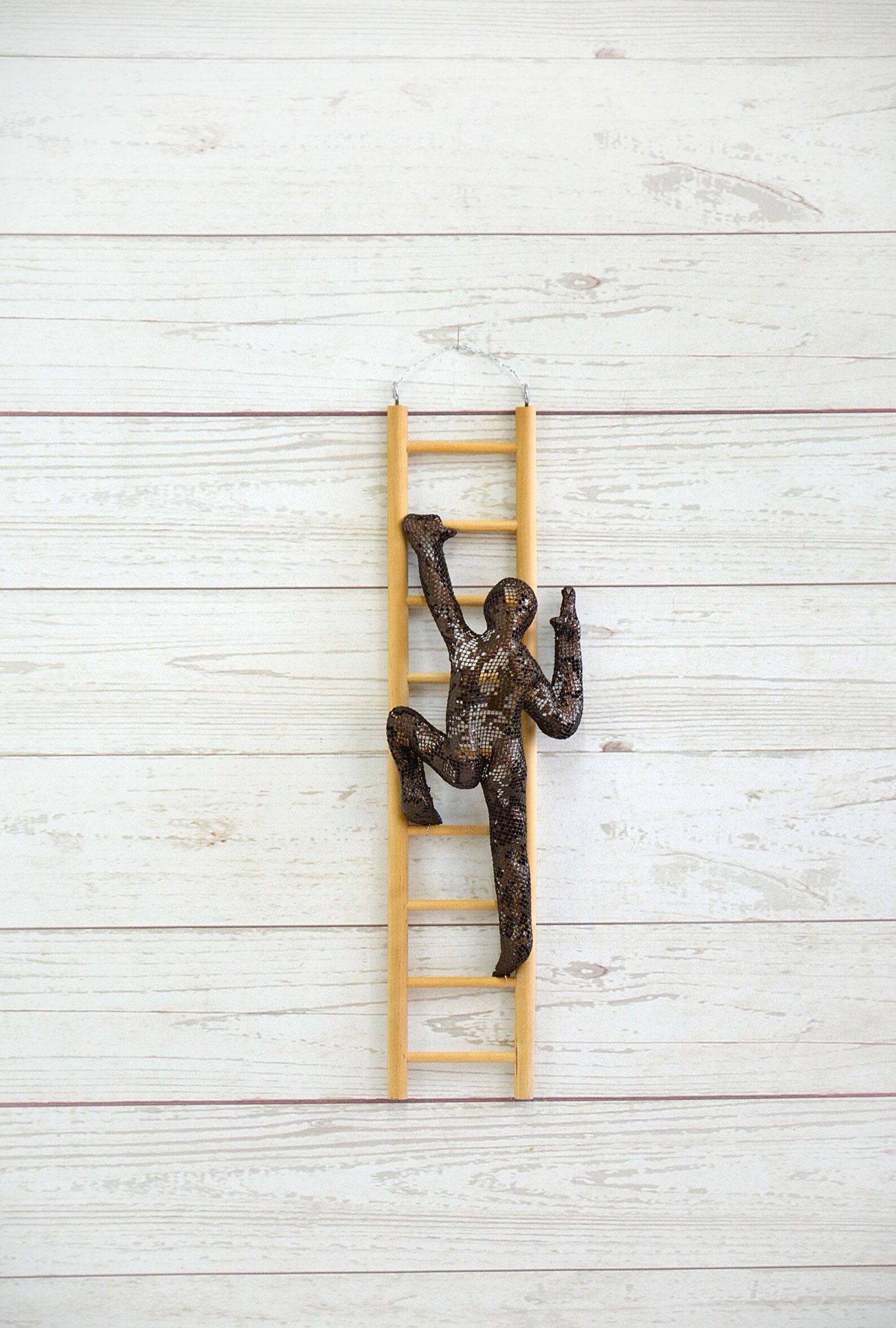 Metal Wall Art, Climbing Man Sculpture on Wood Ladder, Housewarming ...