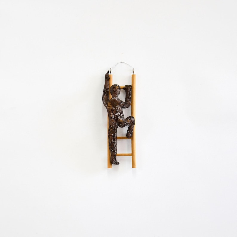 Metal Wall Art, Climbing Man Sculpture on Wood Ladder, Housewarming ...