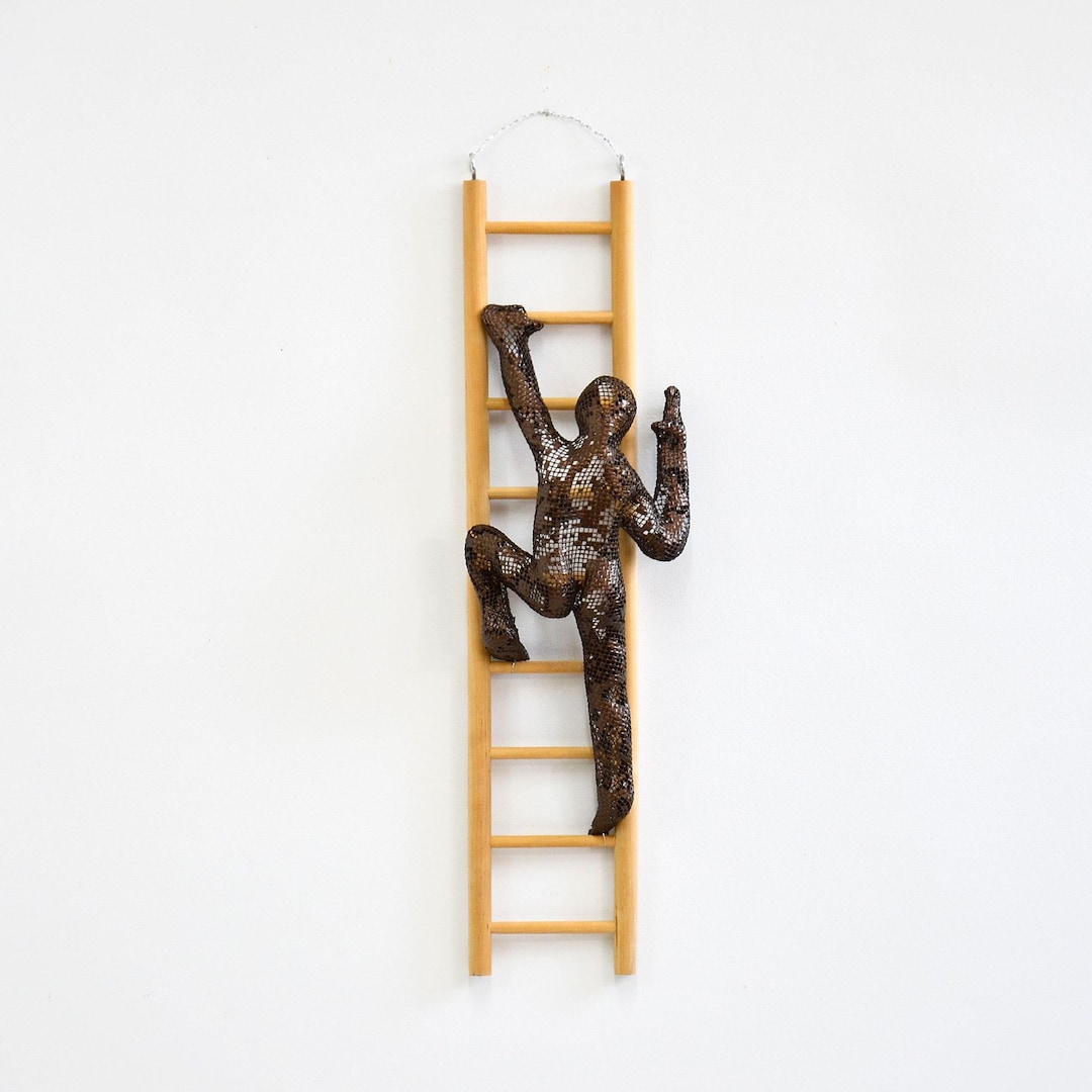 Metal Wall Art, Climbing Man Sculpture on Wood Ladder, Housewarming ...