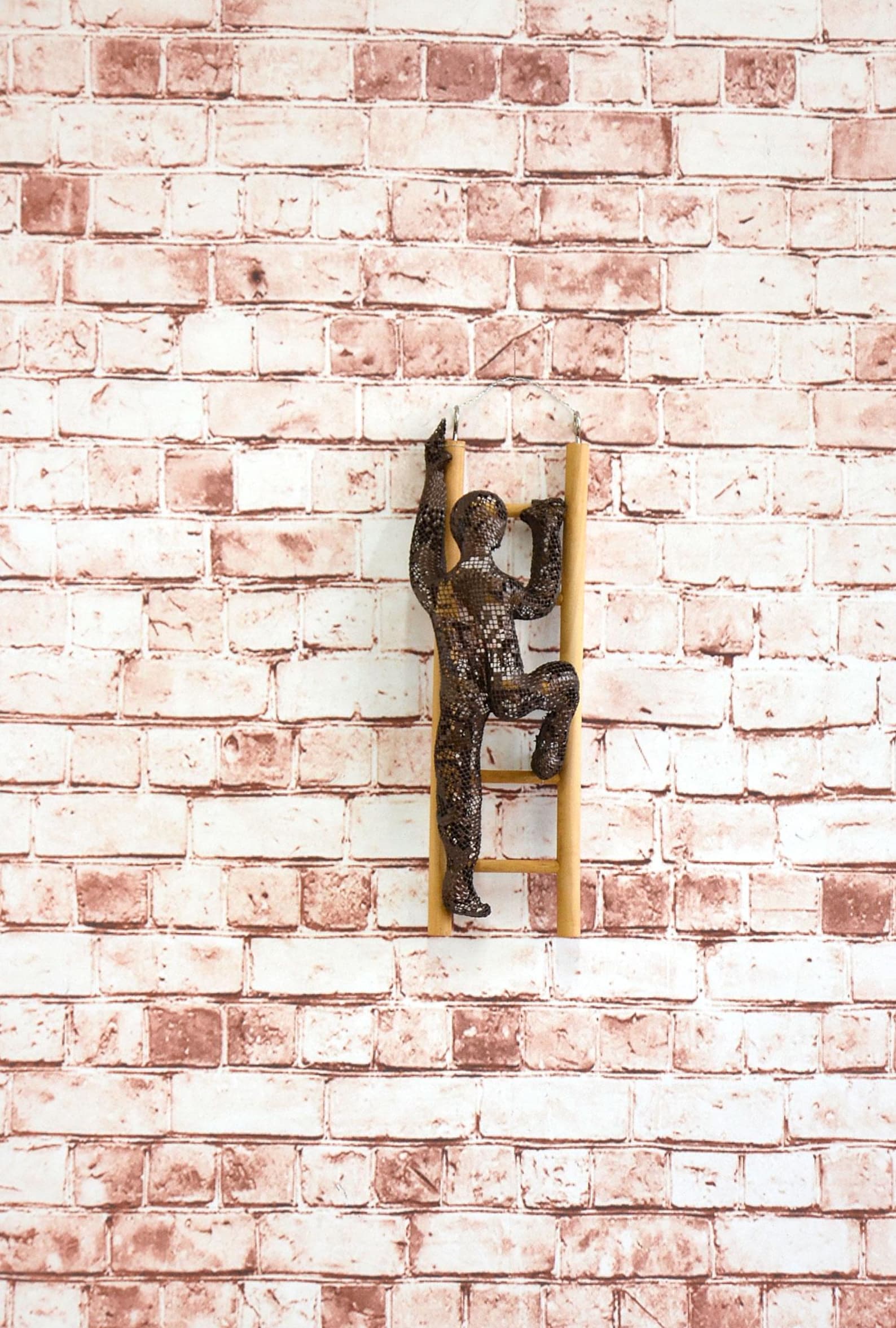 Metal Wall Art, Climbing Man Sculpture on Wood Ladder, Housewarming ...