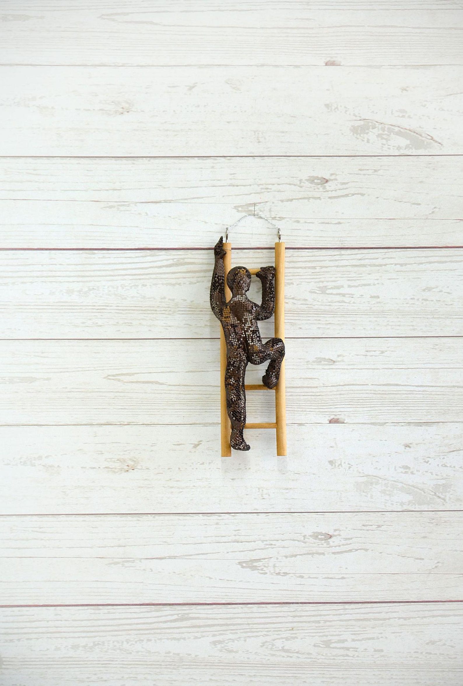 Metal Wall Art, Climbing Man Sculpture on Wood Ladder, Housewarming ...