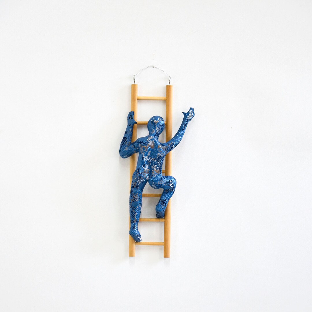 Climbing Man Sculpture on Wood Ladder, Metal Wall Art, Housewarming ...