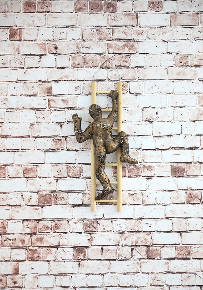 Metal Wall Art Climbing Man Sculpture on Wood Ladder - Etsy Israel