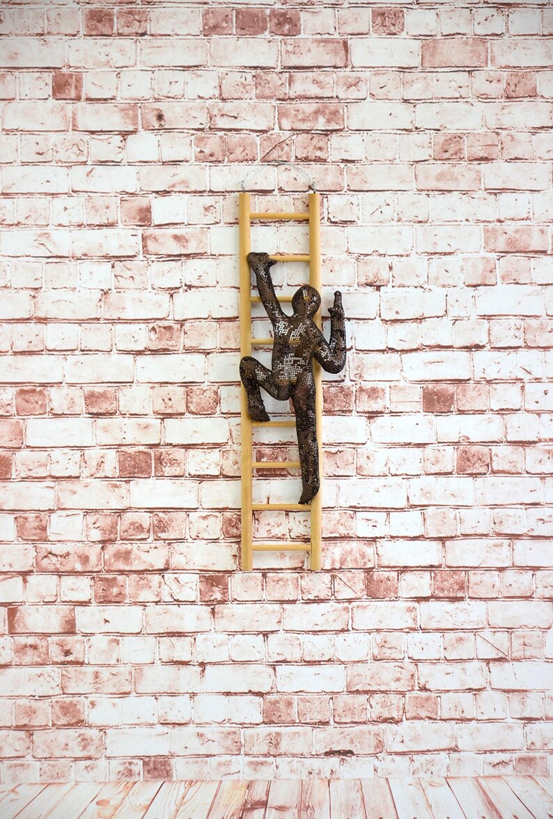 Metal Wall Art, Climbing Man Sculpture on Wood Ladder, Housewarming ...