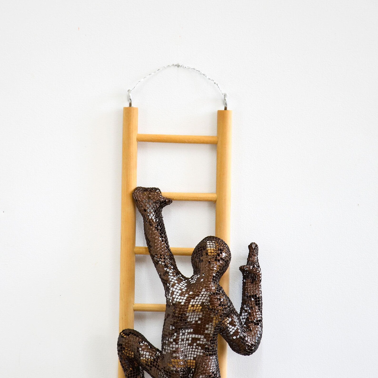 Metal Wall Art, Climbing Man Sculpture on Wood Ladder, Housewarming ...