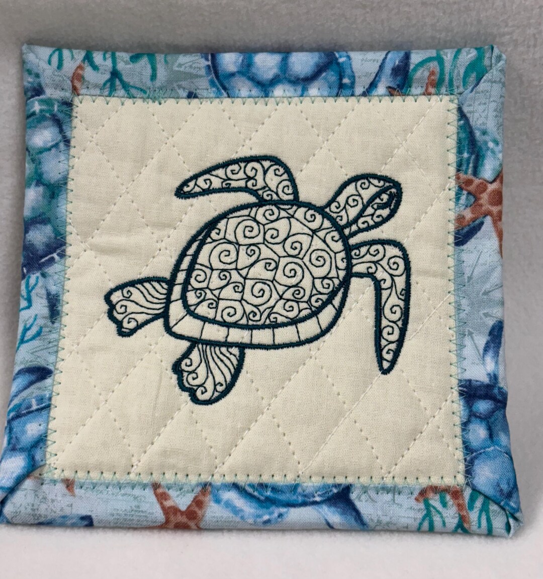 Embroidered Turtle Mug Rug: Handmade Cotton Coffee Coaster - Etsy
