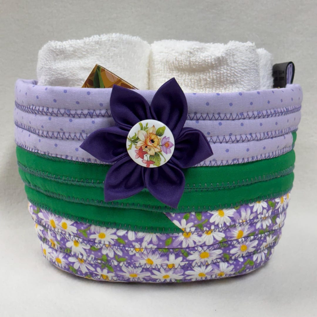 Handmade Fabric Basket: Jelly Roll Strip Bowl With Purple Daisy Flower ...
