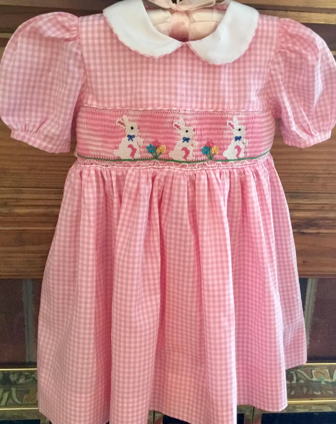 Girls' Hand-smocked, Pink Gingham Dress Decorated With Rabbits. - Etsy