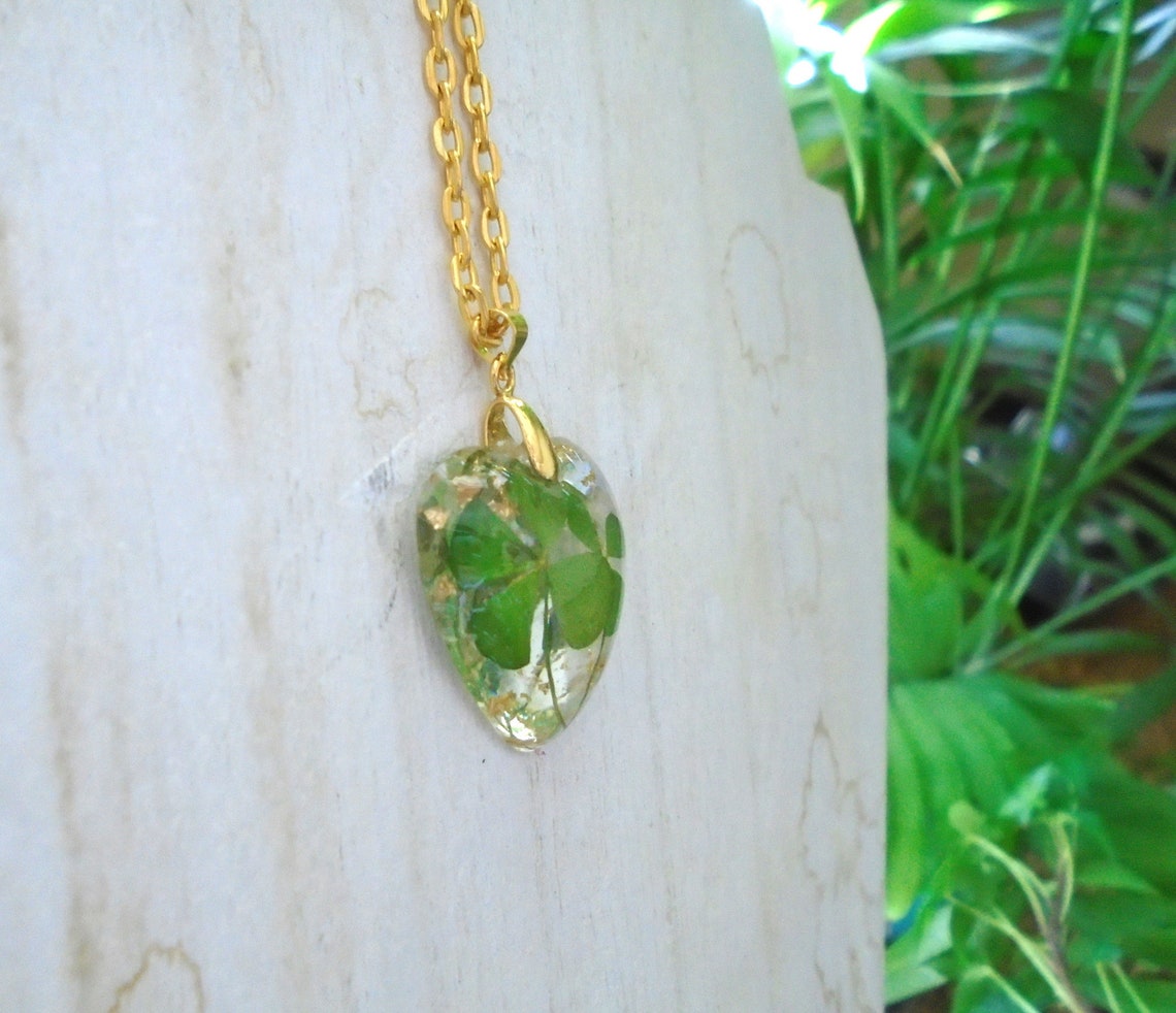 Real Four Leaf Double Clover Heart Resin Shamrock Gold Tone | Etsy