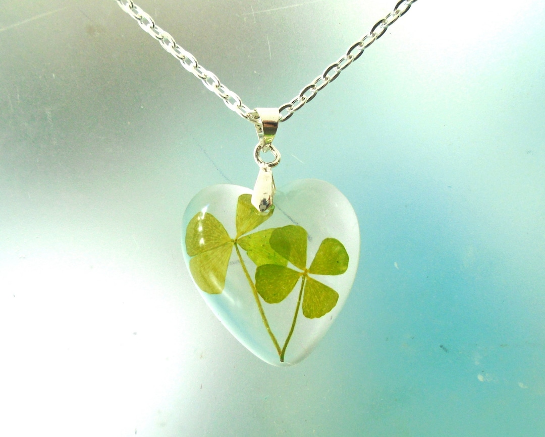 Real Four Leaf Double Clover Heart Resin Shamrock Silver Plated Pendant ...