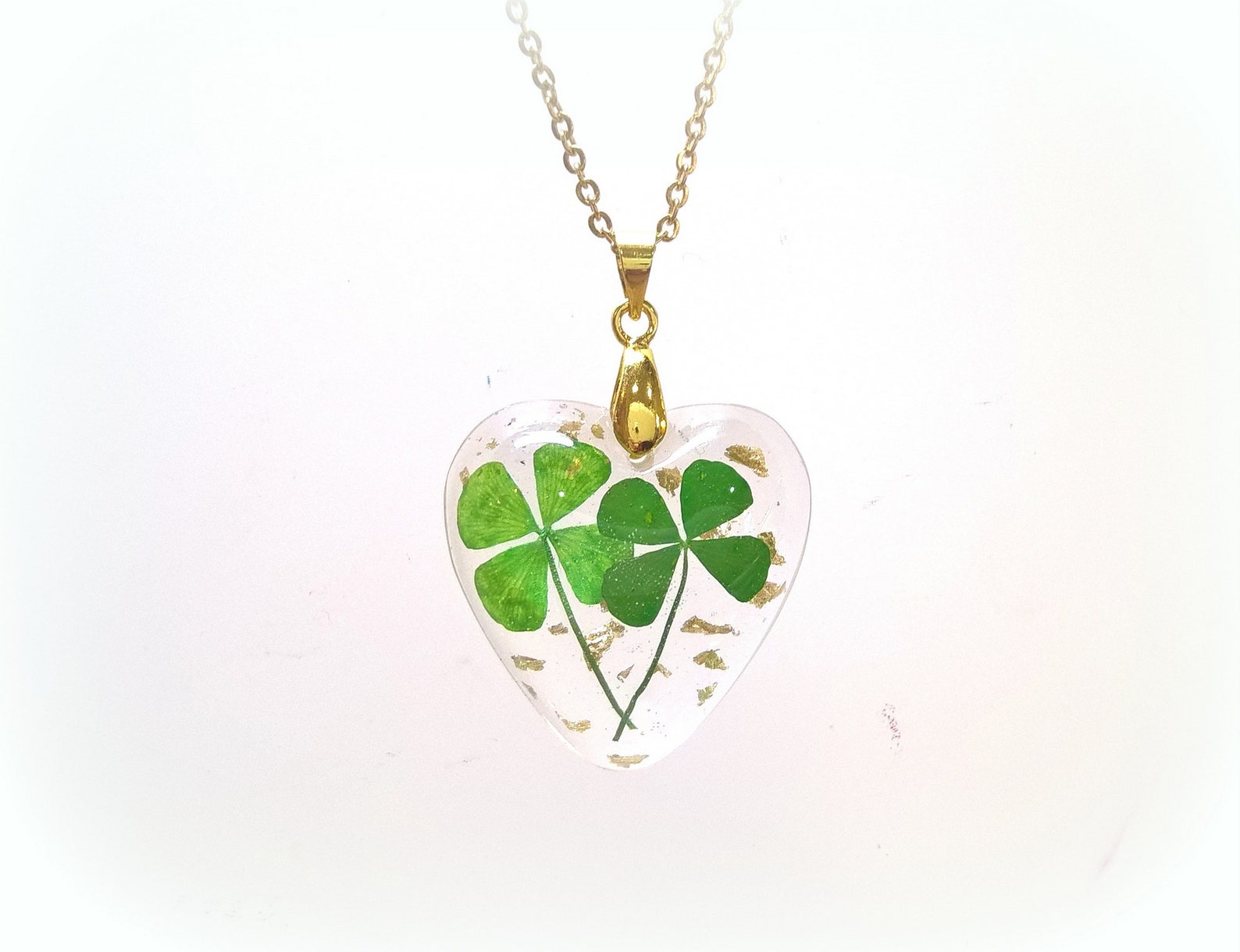 Real Four Leaf Double Clover Heart Resin Shamrock Gold Tone Pendant ...