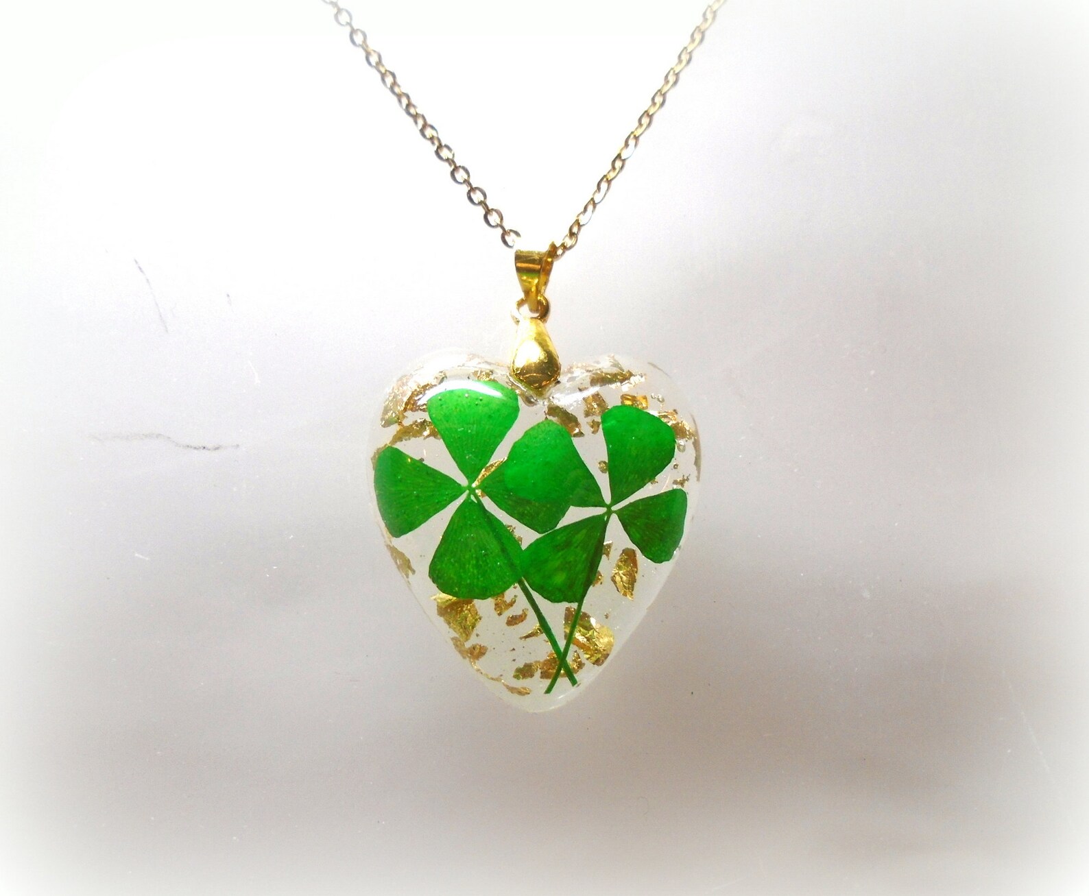 Real Four Leaf Double Clover Heart Resin Shamrock Gold Tone | Etsy