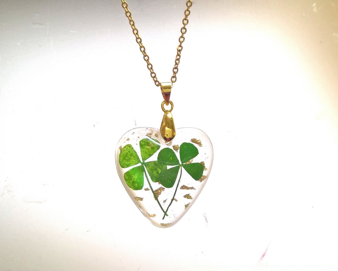 Real Four Leaf Double Clover Heart Resin Shamrock Gold Tone Pendant ...