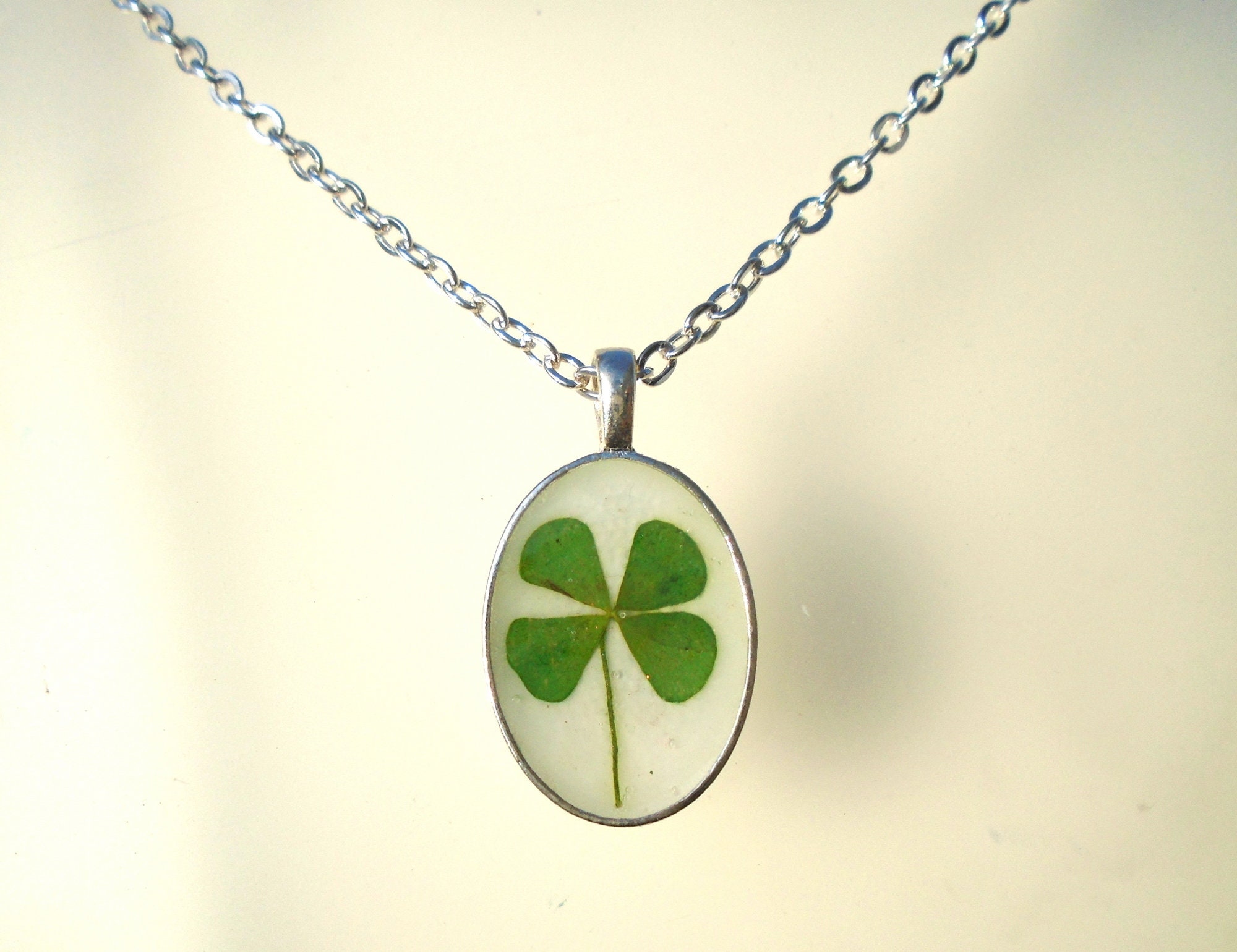 Lucky Real Pressed Four Leaf Clover Irish Silver Plated Oval Pendant ...