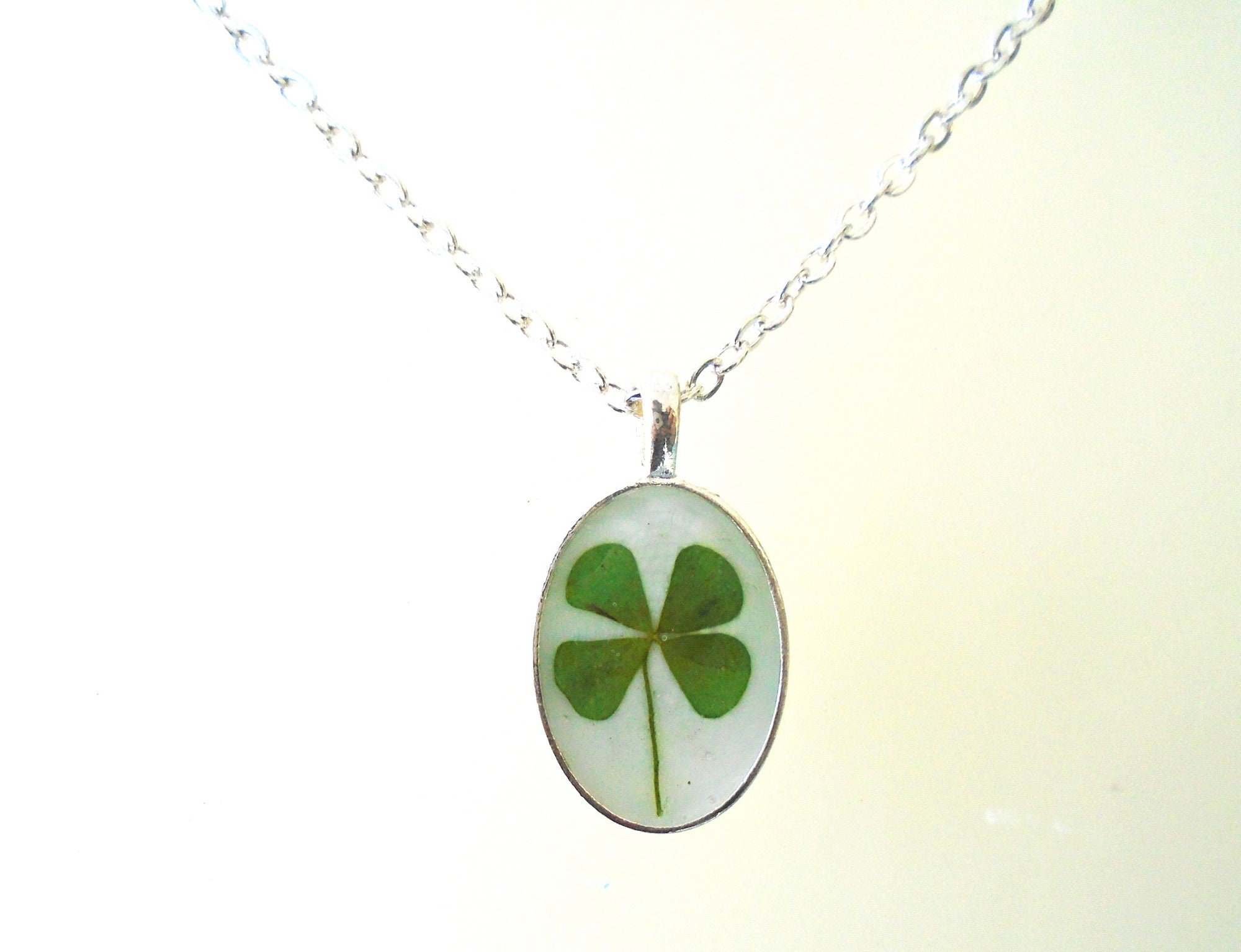 Lucky Real Pressed Four Leaf Clover Irish Silver Plated Oval Pendant ...