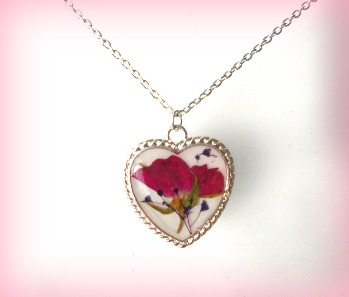 Real Rose Bud Pressed Flower Pendant Heart Silver Plated | Etsy