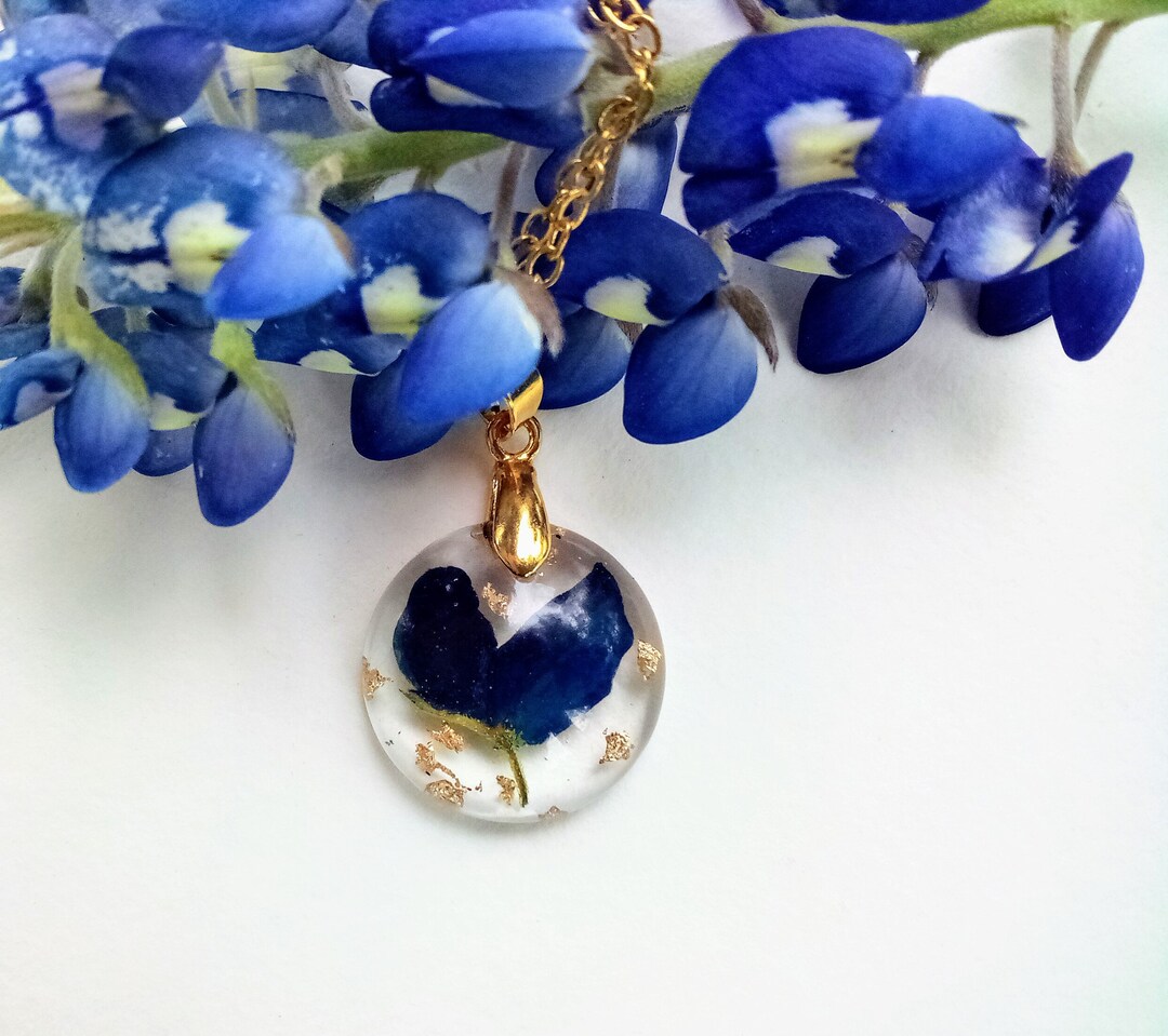Texas Bluebonnet Real Pressed Flower Wildflower Gold Pendant Necklace ...